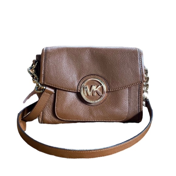 Michael Kors | Bags | Michael Kors Mk Logo Crossbody Browntangold Flap ...